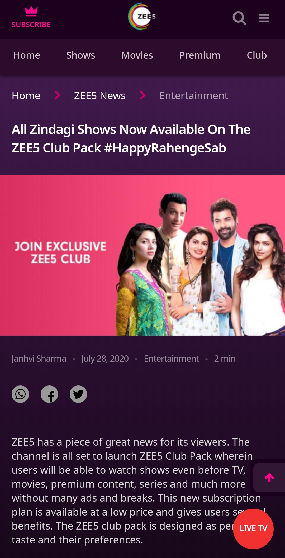 All That You Need To Know About The ZEE5 Club Pack - Sirimiri
